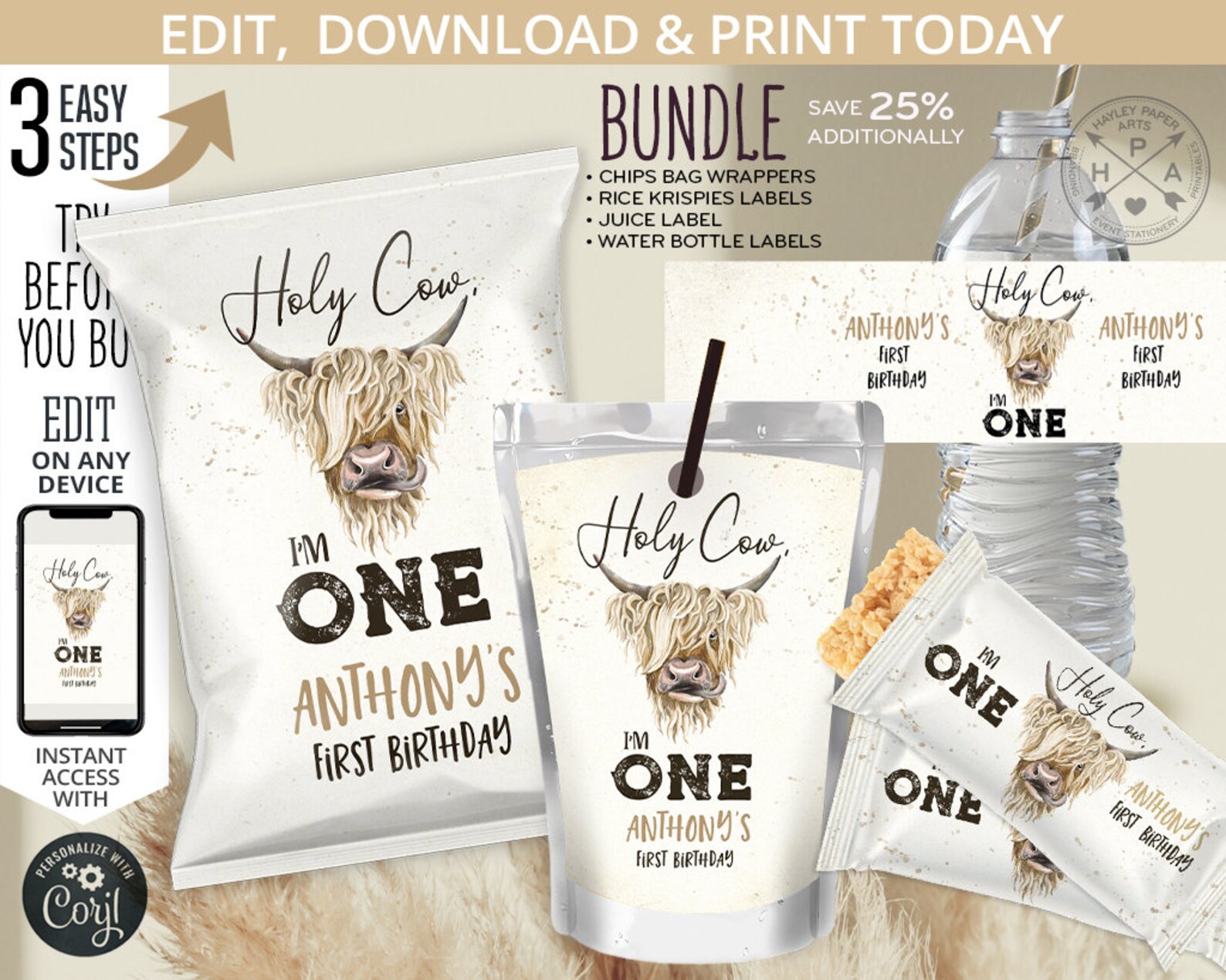 BUNDLE Holy Cow I'm ONE Highland Cow Chips Bag, Rice Krispies, Water ...