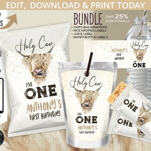 BUNDLE Holy Cow I'm ONE Highland Cow Chips Bag, Rice Krispies, Water ...