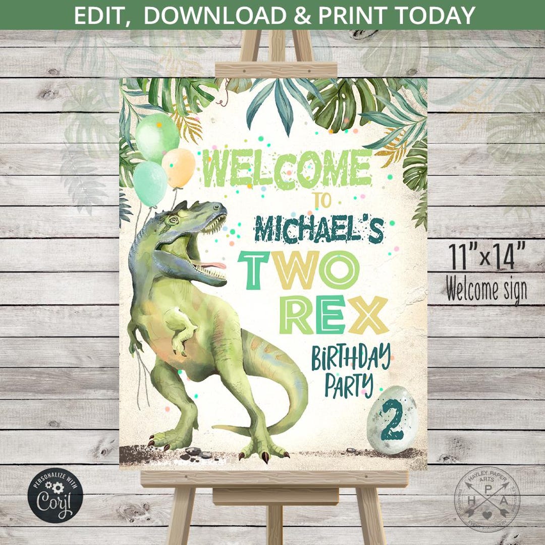 Dinosaur Welcome Sign Two Rex 11x14 Poster 2nd Second Birthday. Dino ...