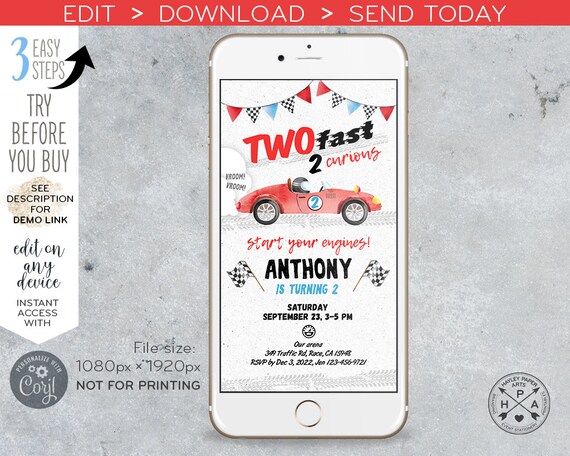 Two fast 2 curious race car electronic birthday party invitation ...