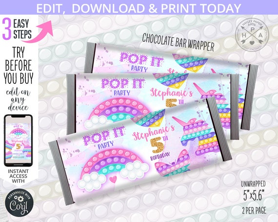 Pop it chocolate bar label fidget toys unicorn purple any age birthday ...