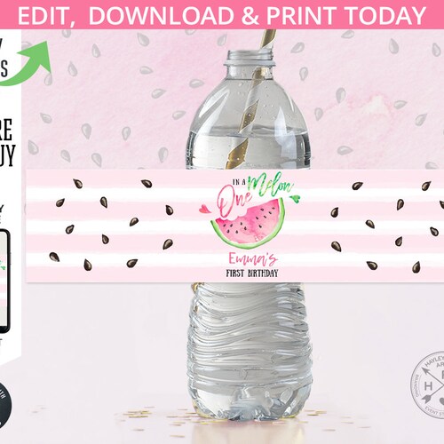 EDITABLE Watermelon Bottle Labels One in a Melon First Girl - Etsy