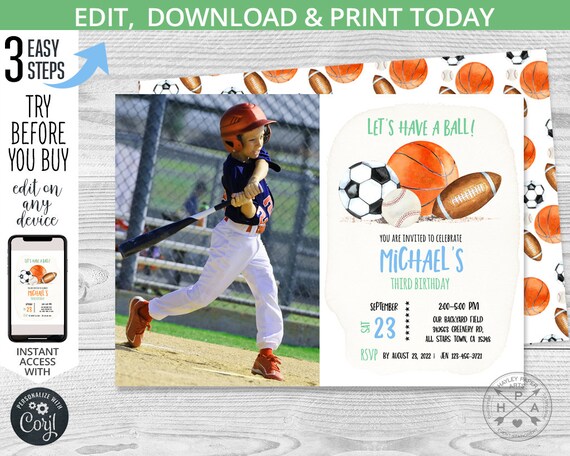 Let's have a ball sports birthday invitation balls all stars boy photo ...