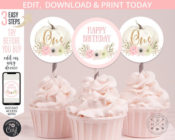 Pumpkin ONE cupcake round toppers pastel pink girl first 1st birthday ...