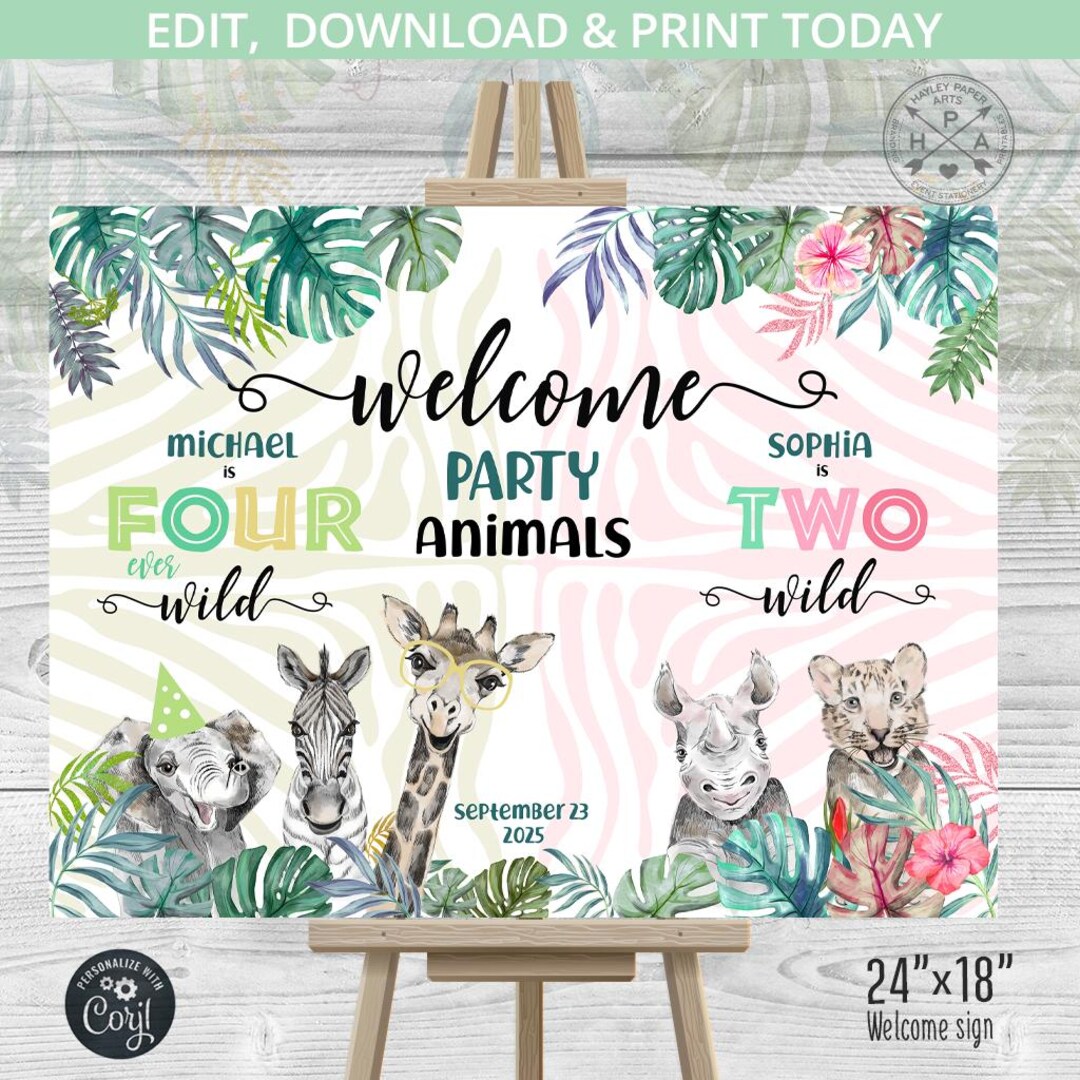 Safari Welcome Sign Two Wild Girl Four Boy Joint Sibling 4th 2rd Second ...