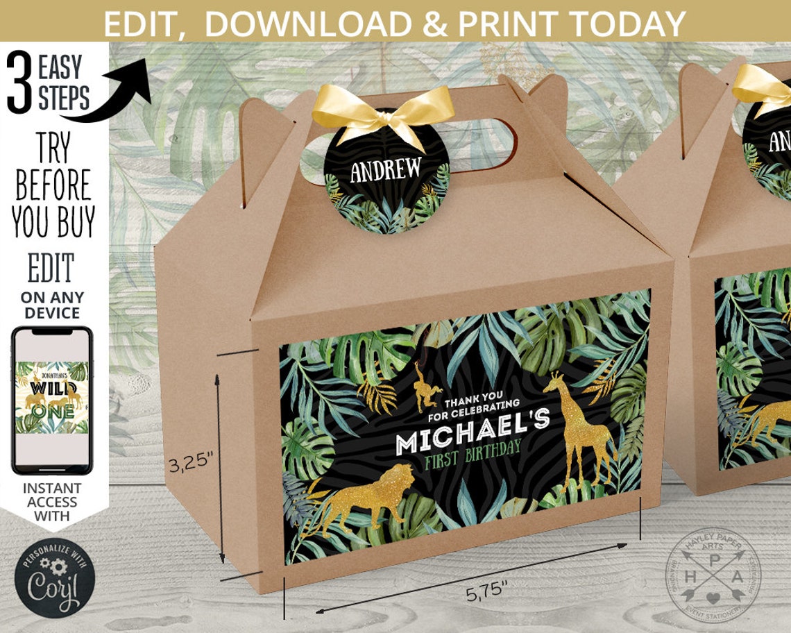 EDITABLE Jungle Gift Box Labels, Guest Name Tags. Handle Favor Takeway ...