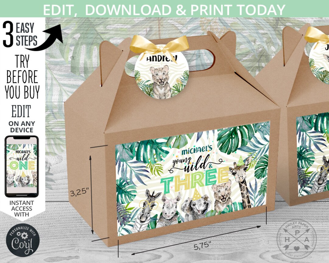 Safari Wild Three Gable Gift Box Labels. Handle Favor Takeway Box Tags ...