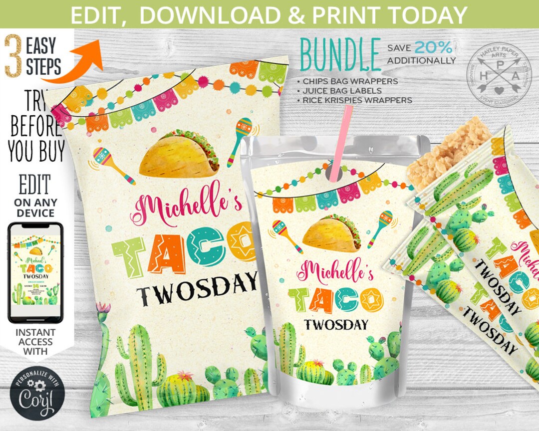 BUNDLE Taco Twosday Chips Bag, Juice Bags, Rice Krispies Labels, Girl ...