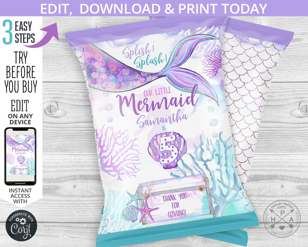 Mermaid Chips Bag, Purple Teal Favor Treats Bags, Chip Pouch Wrapper ...