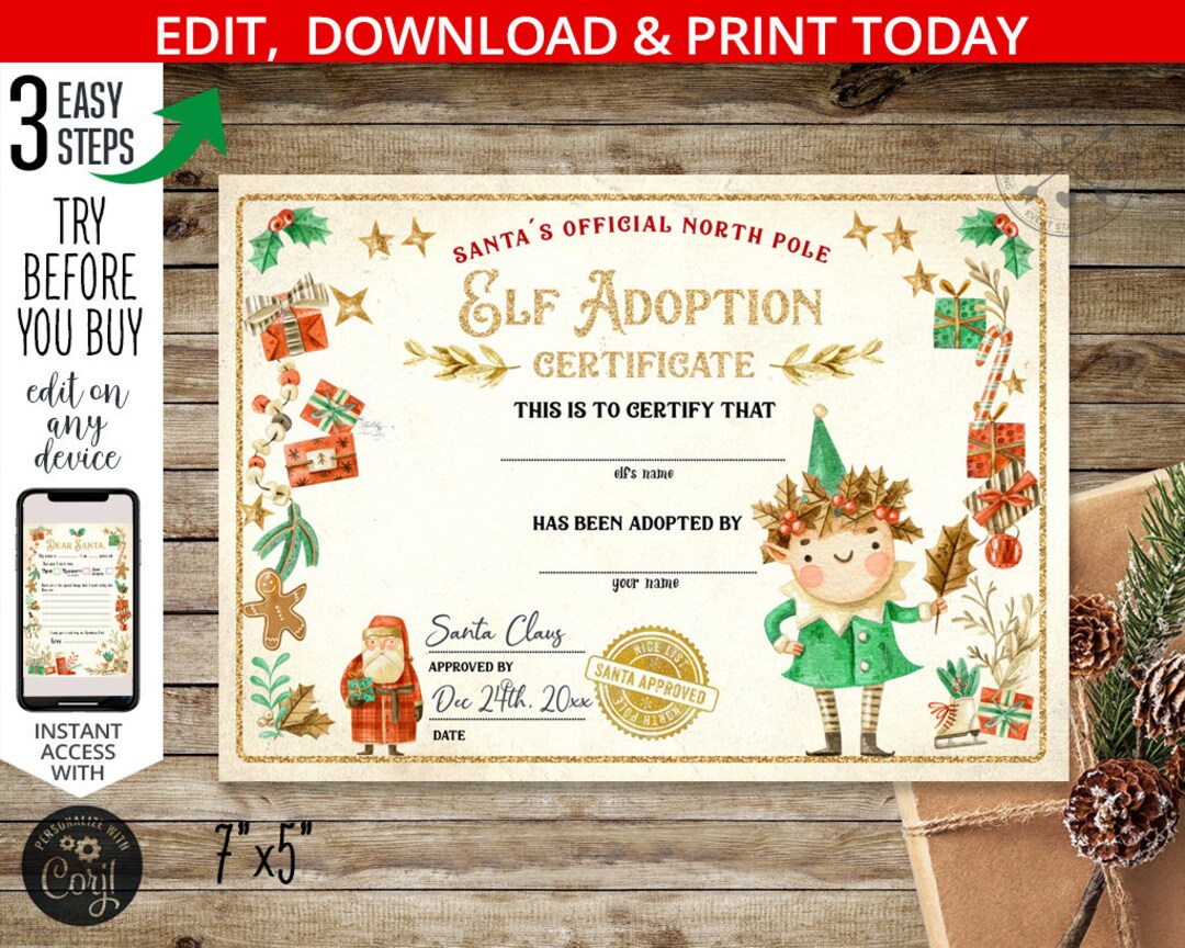 Elf Adoption Certificate. Adopt Your Elf Letter. Christmas Elves Card ...