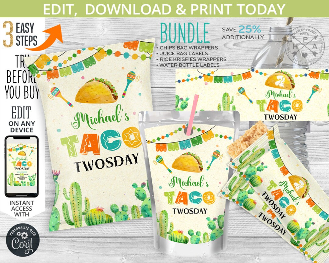 BUNDLE Taco Twosday Chips Bag, Juice Bags, Rice Krispies, Water Labels ...