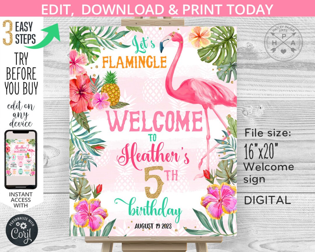 EDITABLE Flamingo Welcome Sign 16x20 Any Age Birthday Board. Let's ...