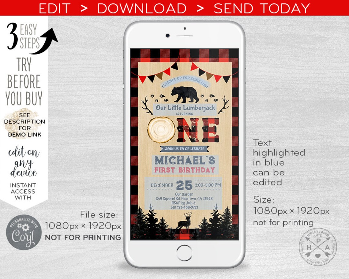 Lumberjack First Birthday Electronic Invitation 1st Party - Etsy