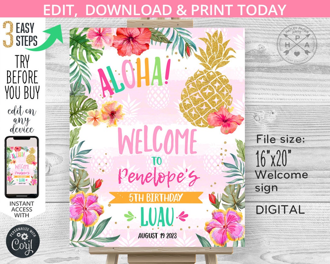 Aloha Welcome Sign Gold Pineapple Tropical Hawaii 16x20 Any Age ...