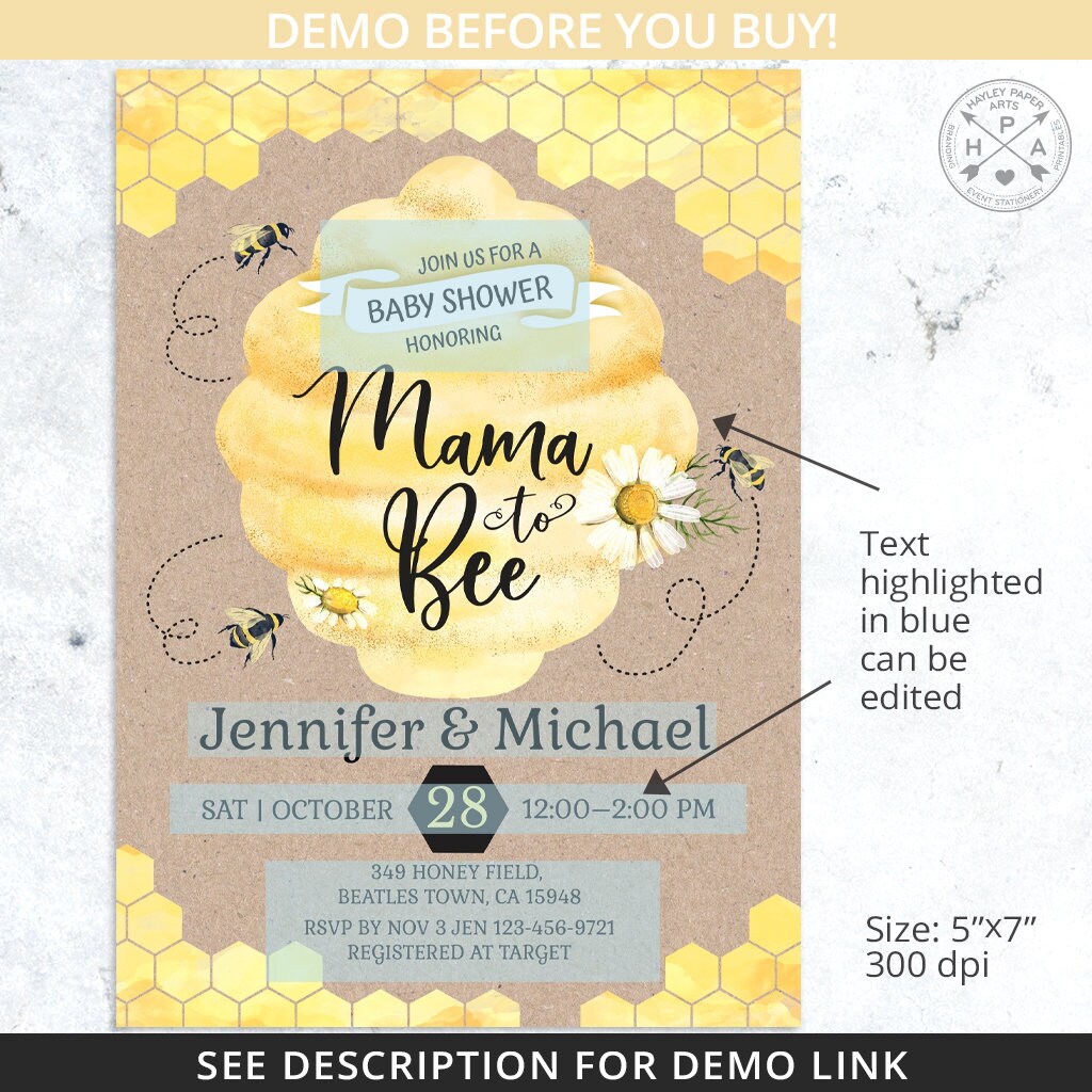 Mama to Bee Baby Shower Party Invitation Little Honeycomb Bumble Mommy ...