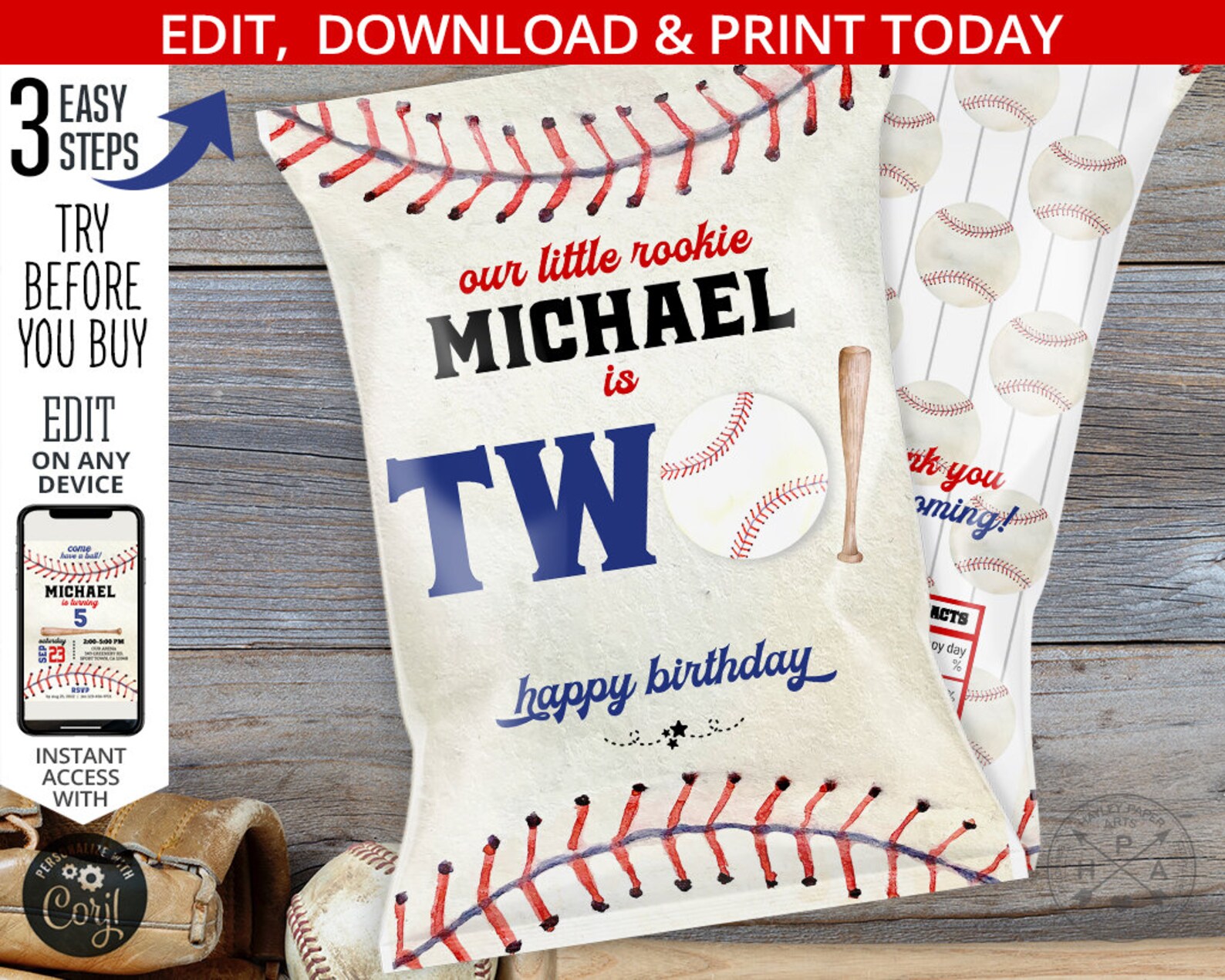 Baseball Chips Bag Second Birthday Party Favor, TWO, Chip Pouch ...