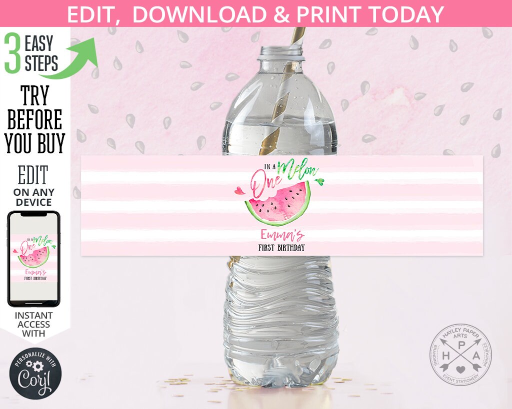 EDITABLE Watermelon bottle labels one in a melon first girl | Etsy