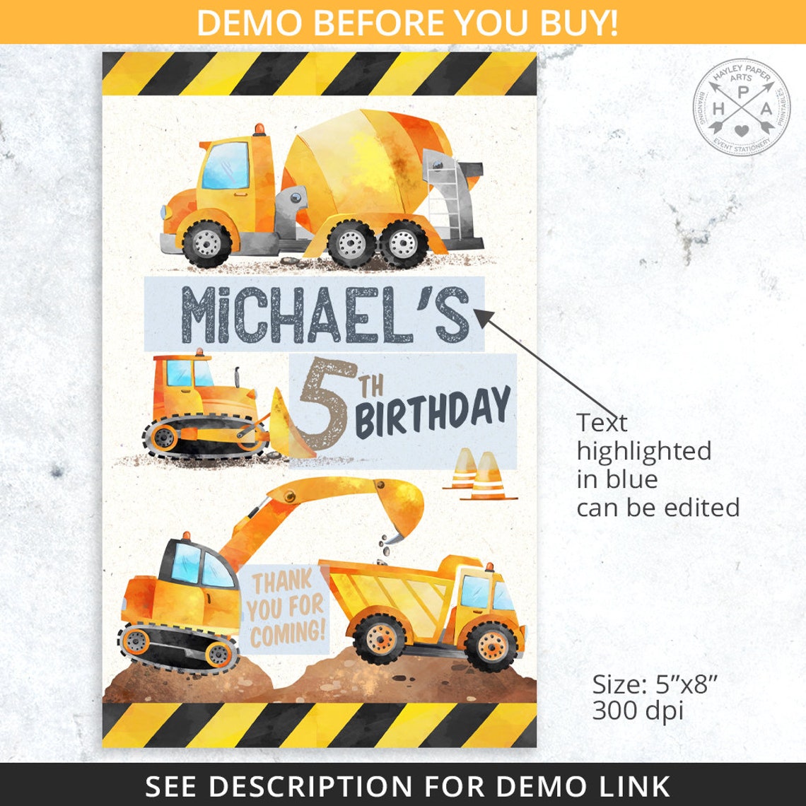 Construction Bag Label Truck Party Gift Favor Paper Bag Labels Handle ...