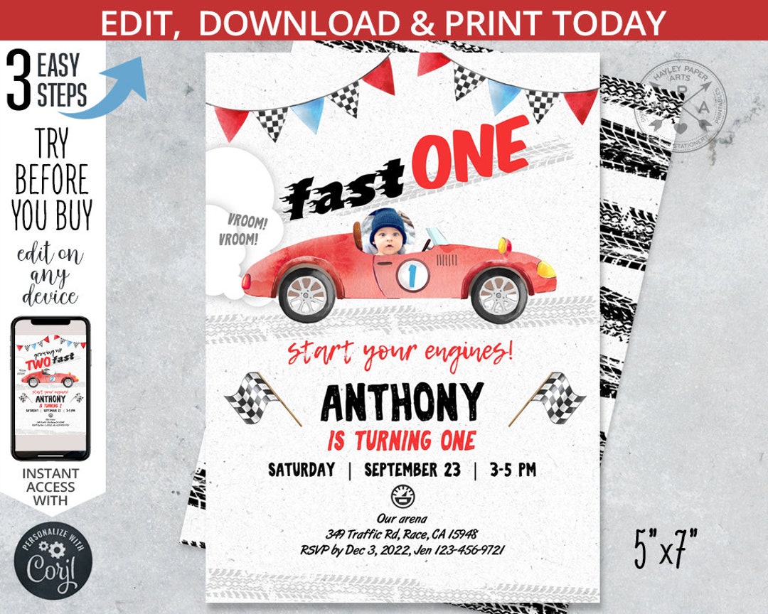 Fast ONE Vintage Race Car Birthday Invitation, One Speed 1st Birthday ...