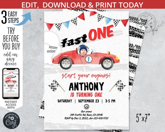 Fast ONE vintage race car birthday invitation, one speed 1st birthday ...