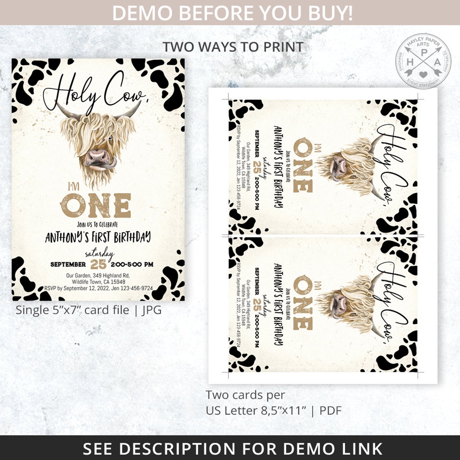 Holy Cow Birthday Invitation I'm One Highland Cow Ranch Farm Boy Brown ...