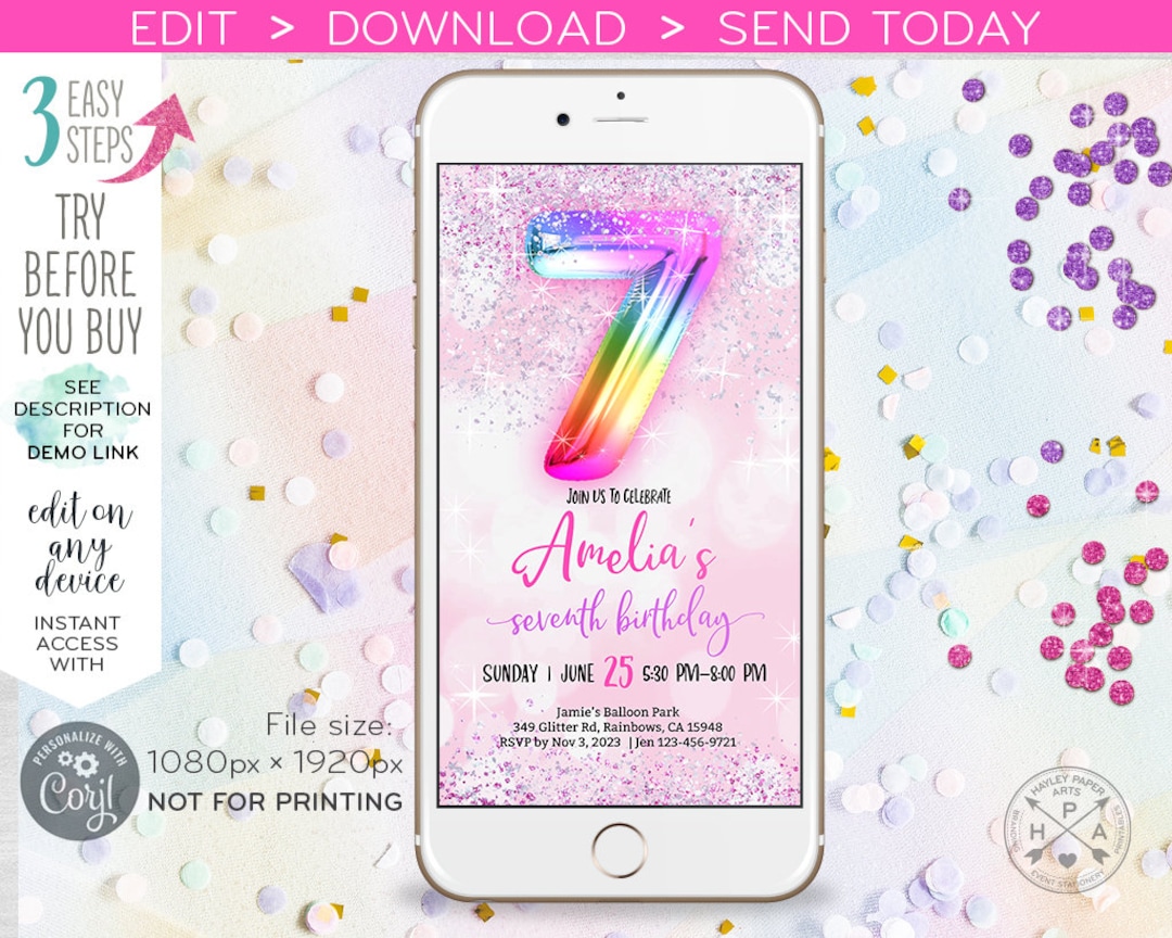 7th Birthday Electronic Invitation Seventh E-vite Rainbow Balloon ...
