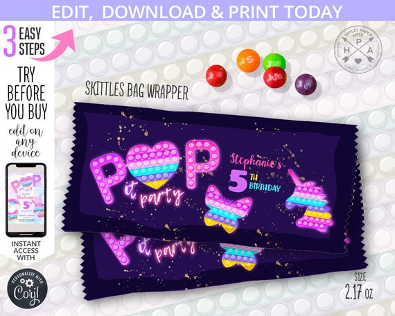 Pop it skittles bag wrapper, fidget toys neon glow candy bag label ...