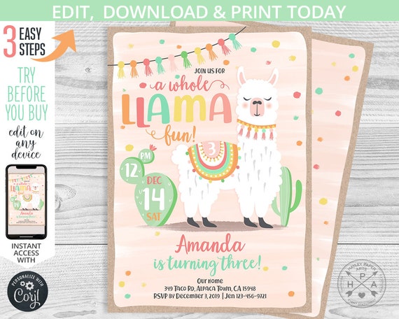 Llama birthday invitation whole llama fun invite cactus alpaca fiesta ...