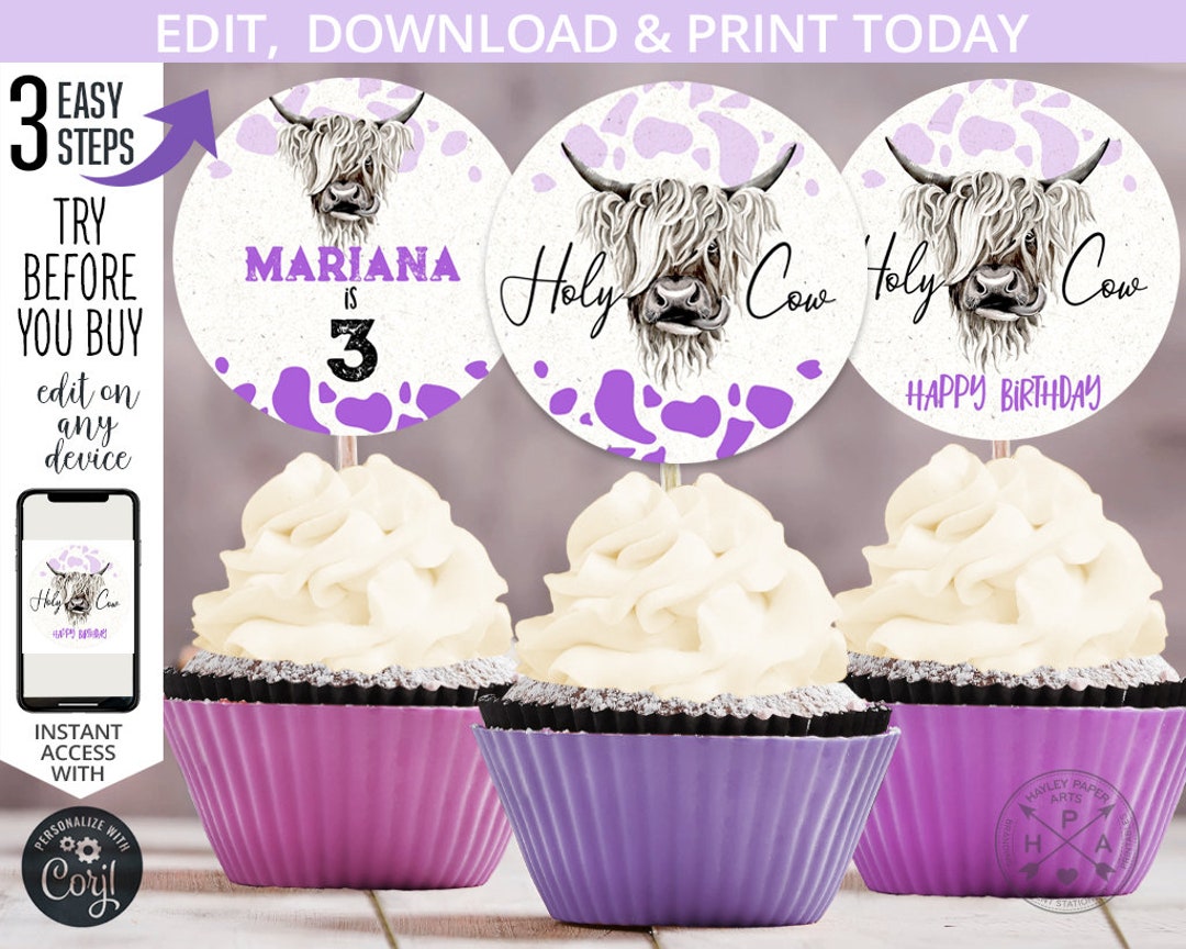 Holy Cow Cupcake Toppers Highland Cow Birthday Tags Purple Black, Cow ...