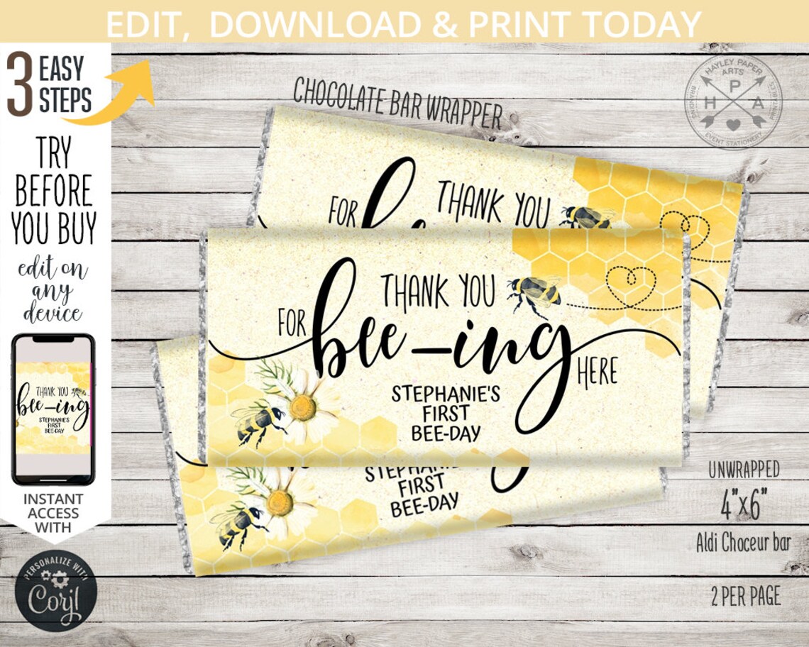 Bee Chocolate Bar Wrapper Birthday Bee-ing Celebration Party Any Age ...
