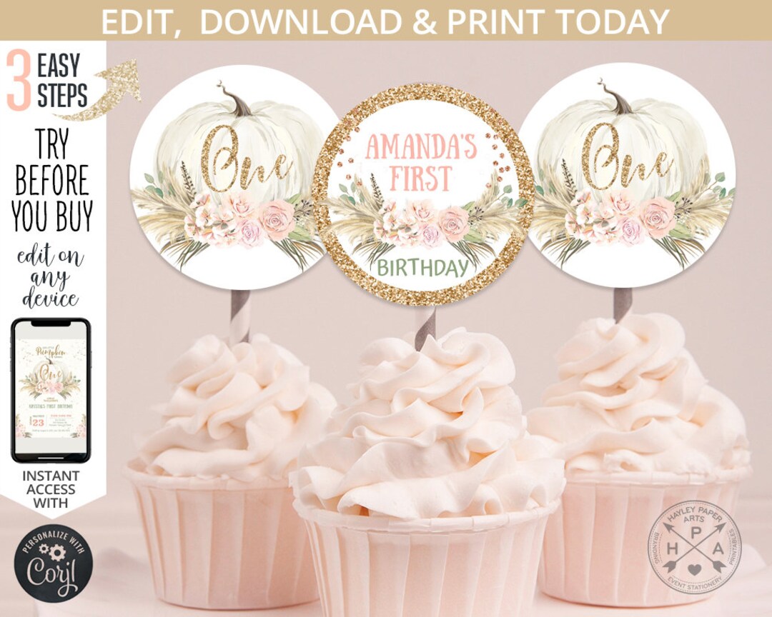 Pumpkin Cupcake Round 2x2 Toppers Pampas Grass Beige Pink Gold Girl ...