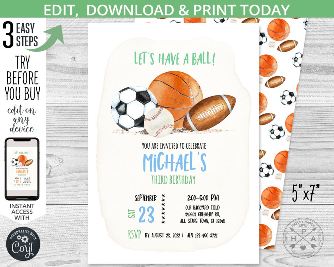 Let's Have a Ball Sports Birthday Invitation Balls All Stars Boy Party ...