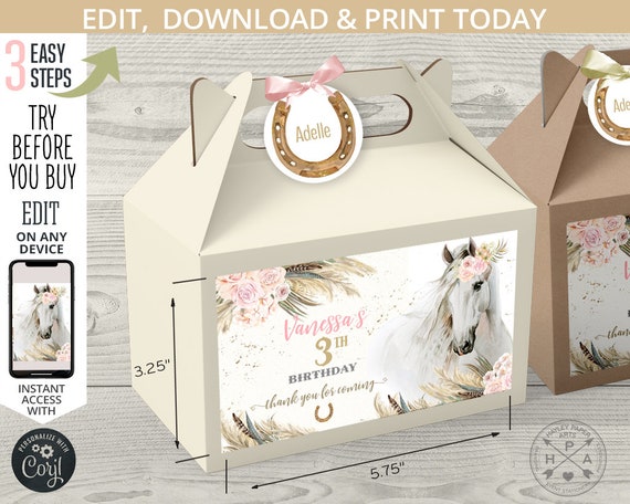 Horse birthday gable gift box labels. White horse cowgirl pony cow boho ...