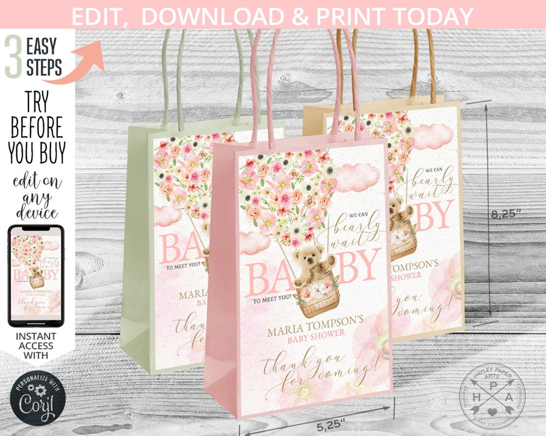 Bear Gift Bag Labels, Bearly Wait Baby Shower, Hot Air Balloon Floral ...