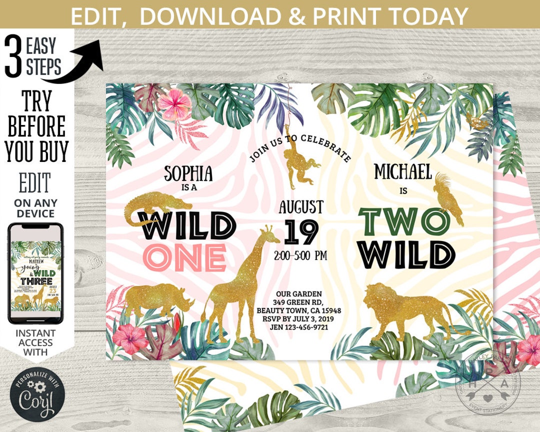 Jungle Wild One Girl Two Wild Boy Joint Birthday Invitation Safari Dual ...