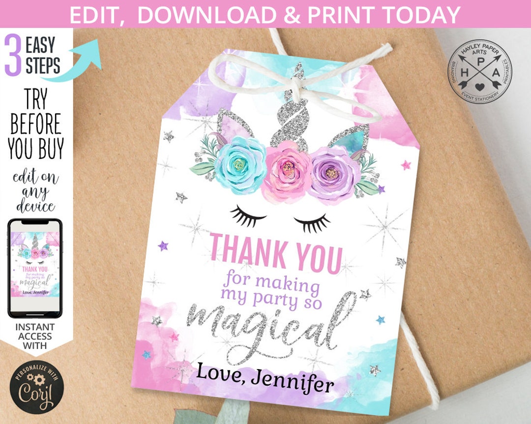 EDITABLE Unicorn Favor Tag Magical Birthday Party First Girl Silver ...