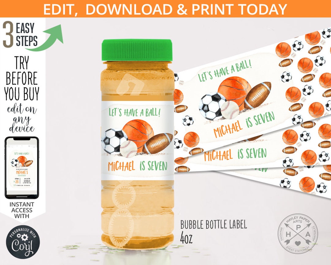 Let's Have a Ball Bubble Bottle Label Balls Sports Birthday Lets Party ...