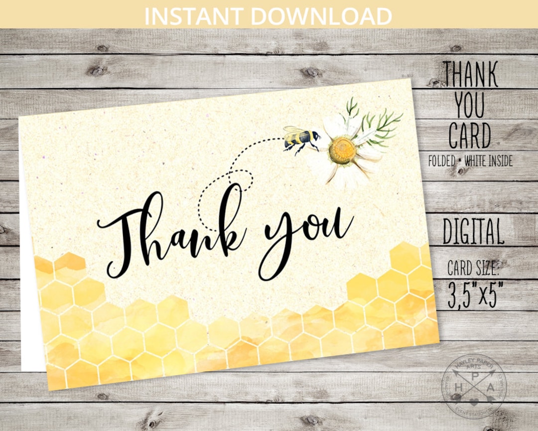 BEE Thank You Folded Card. Bee Birthday or Shower Party Printable ...