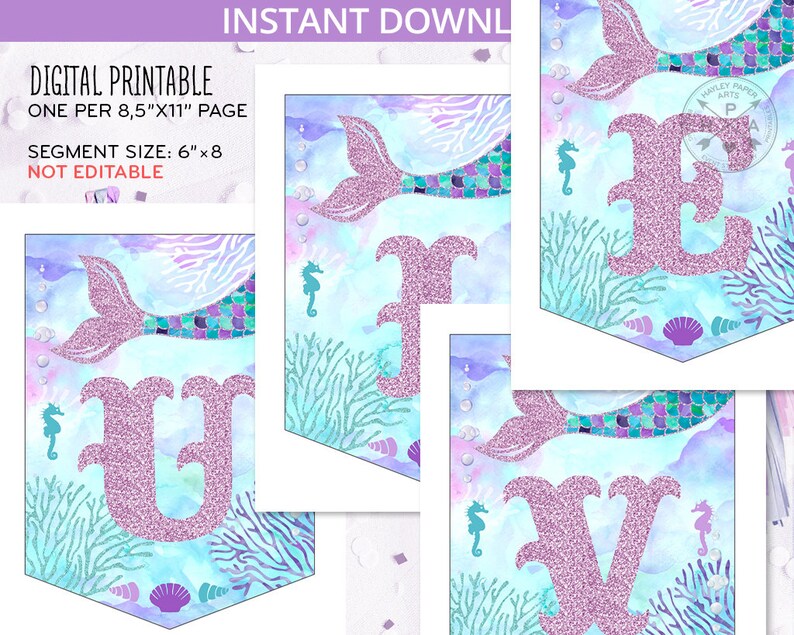 Mermaid Full Alphabet Banner ABC Under the Sea Lilac Glitter Mermaid's ...