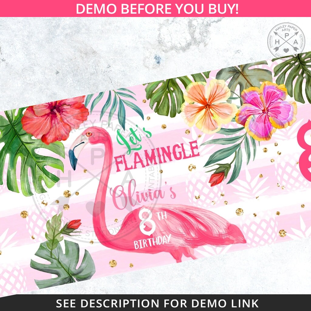 Flamingo Water Bottle Label Birthday Tropical Pineapple Pink - Etsy