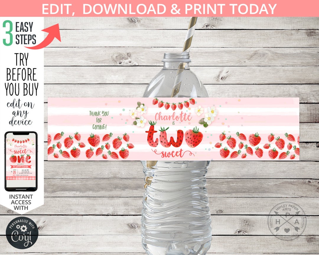 Strawberries TWO Sweet Water Bottle Label Birthday Berry Second Girl ...
