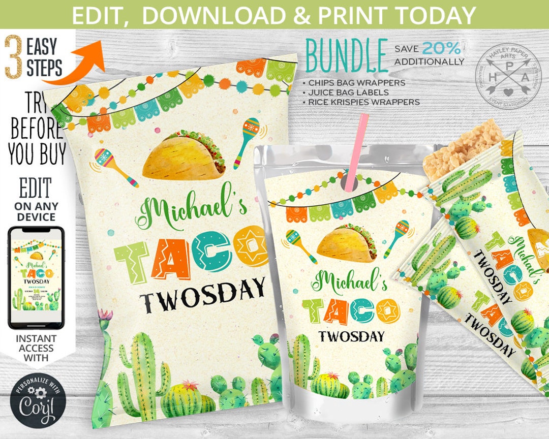 Taco Twosday Party Pack Chips Bag, Juice Bags, Rice Bar Wrapper, Boy ...