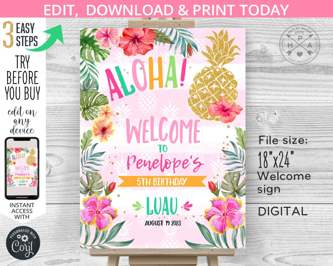 Aloha Welcome Sign Gold Pineapple Tropical Hawaii 18x24 Any Age ...