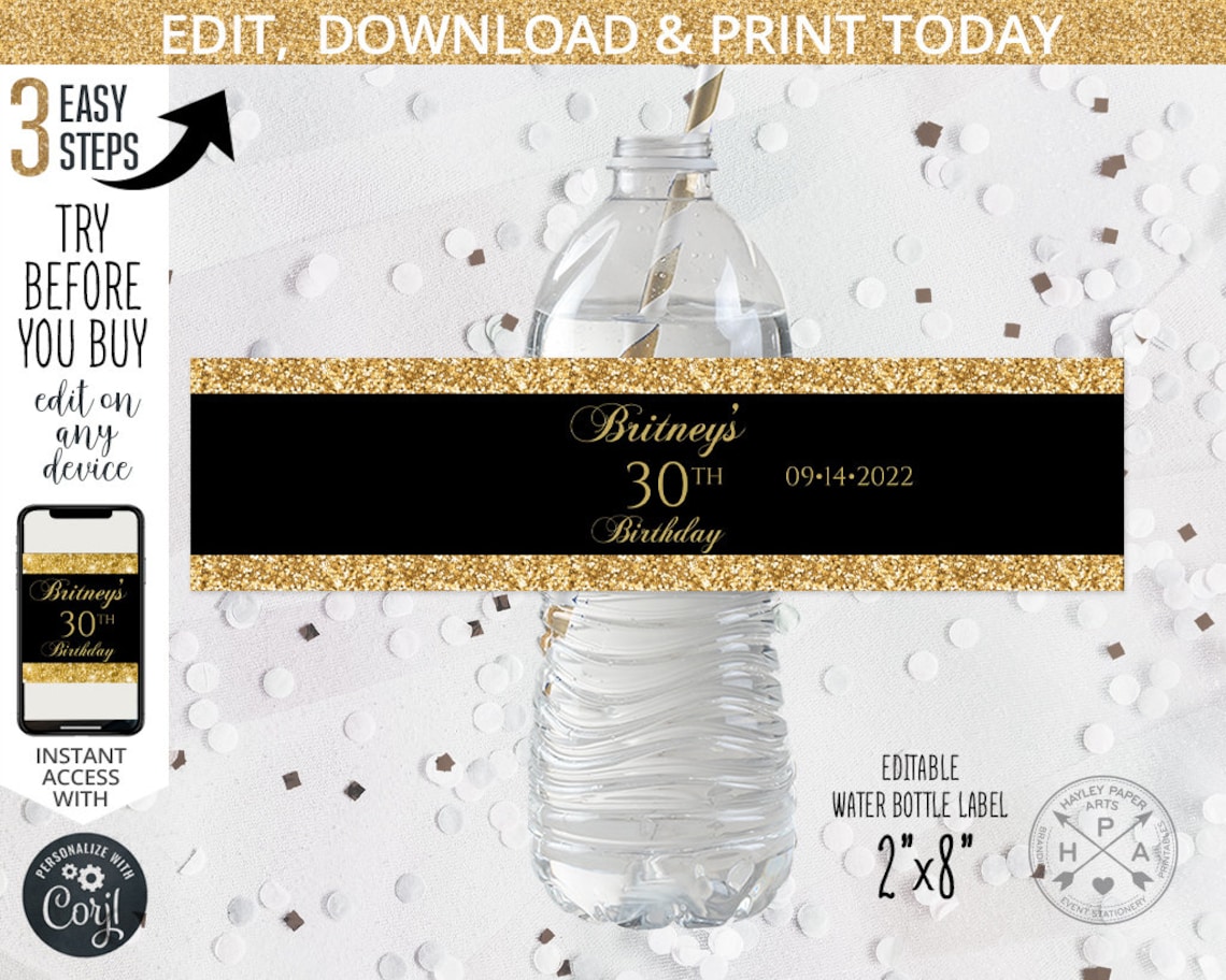 Water Bottle Label Black and Gold Glitter Golden Script - Etsy