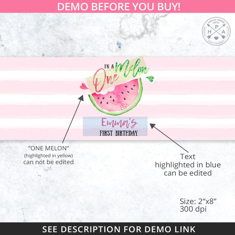 EDITABLE Watermelon Bottle Labels One in a Melon First Girl - Etsy
