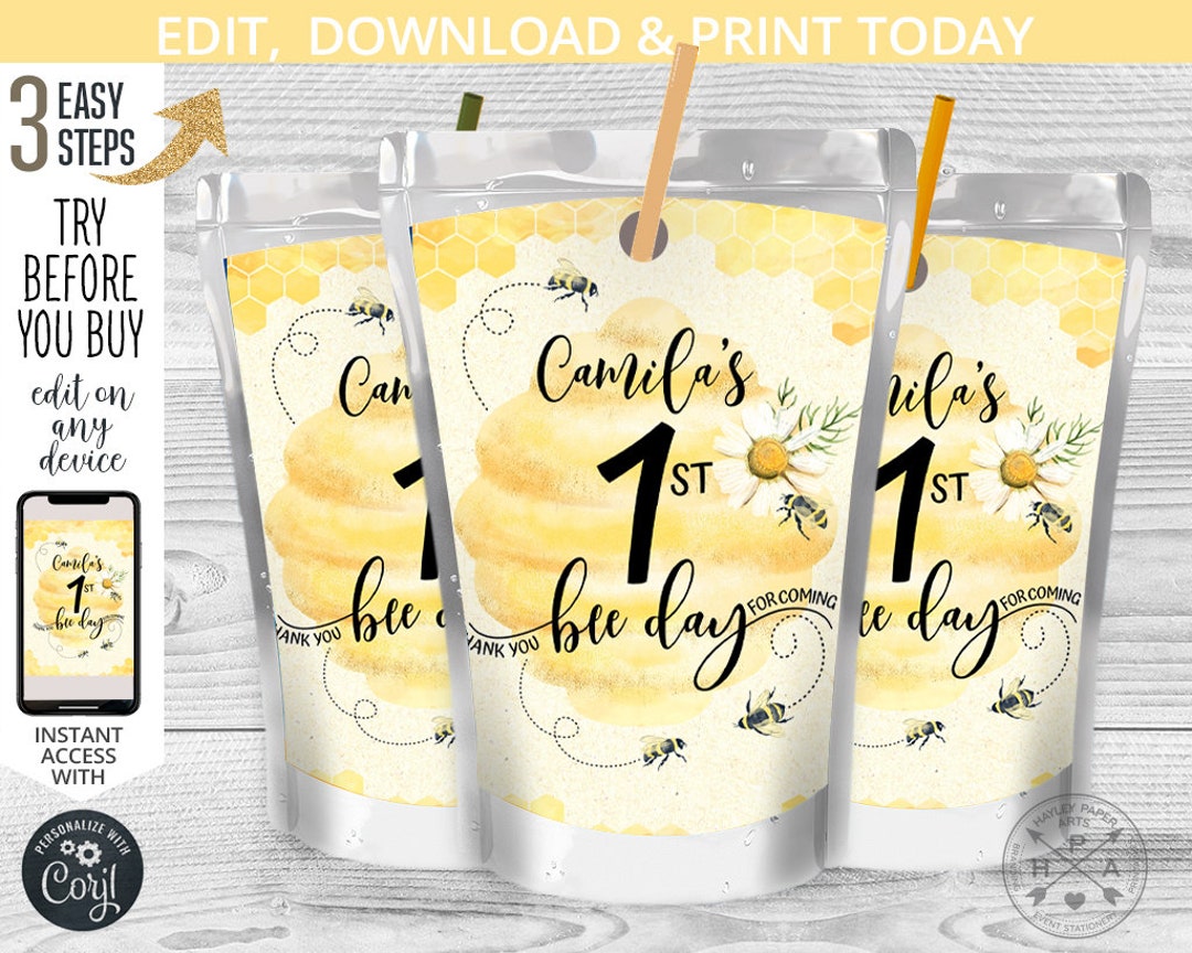 Bee Juice Bag Label, Juice Bags, Bee-day Juice Pouch, Yellow Bumble ...