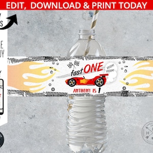 Fast ONE Race Car Birthday Water Bottle Label First Boy Birthday Speed ...