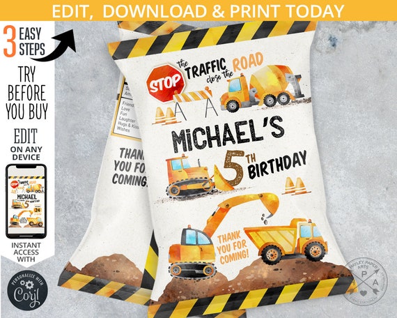 Construction birthday chips bag favor, chip pouch party snacks, dump ...