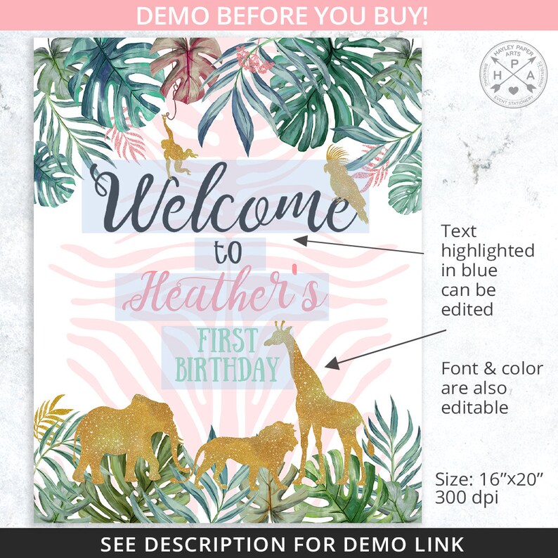 EDITABLE Jungle Welcome Poster Sign 1st Party First Third Birthday ...