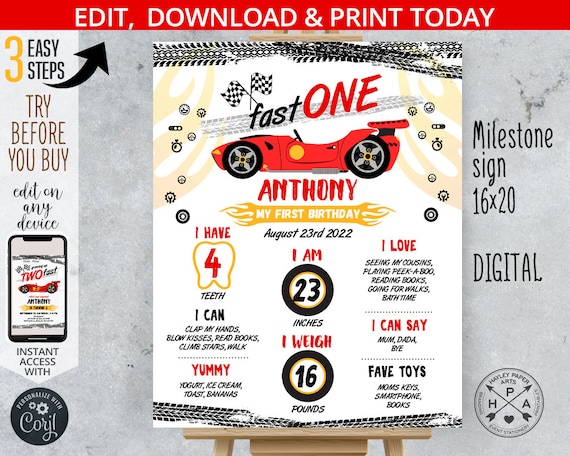Race car fast ONE stats milestone 1st birthday sign. First speed racing ...